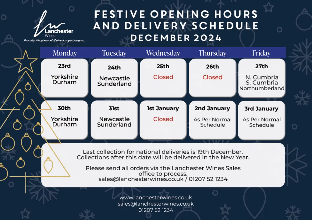 Festive Opening Hours and Delivery Schedule - Lanchester Wines